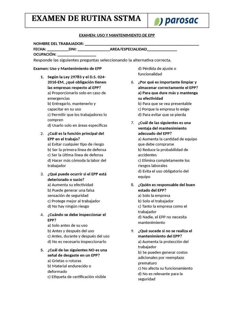 Examen - Uso y Mantenimiento de Epp | PDF