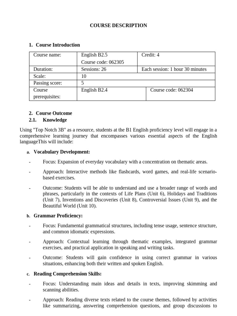 Course Description - B2.5 | PDF | Reading Comprehension | Learning