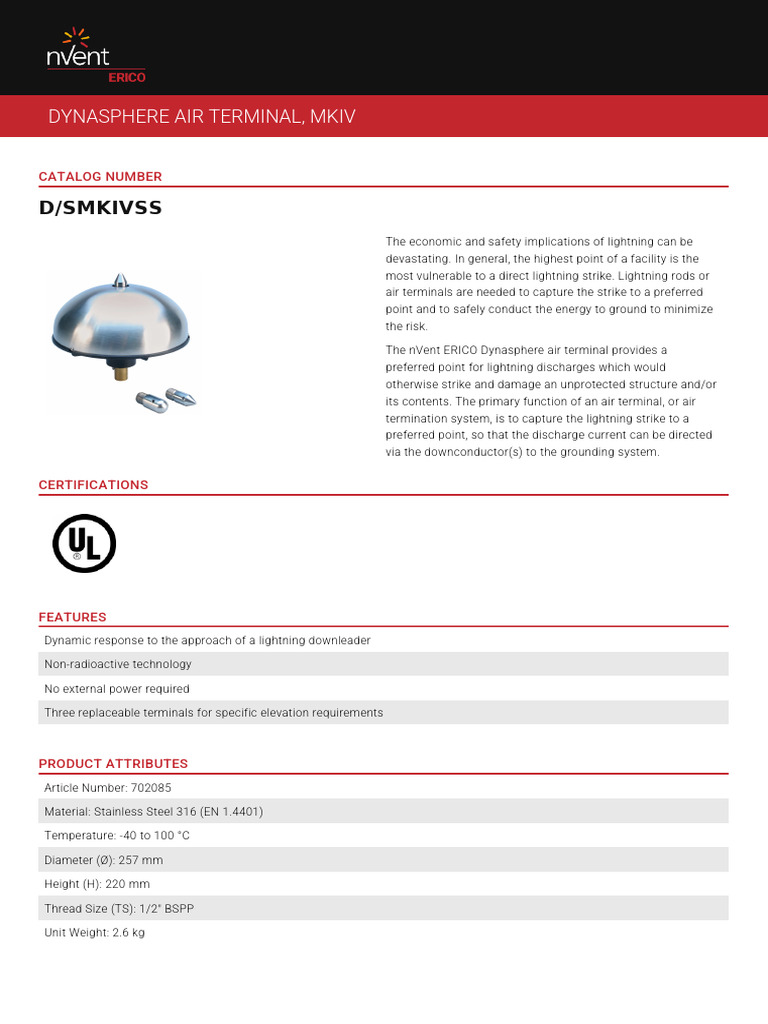 Nvent ERICO Dynasphere Air Terminal MKIV | PDF | Lightning