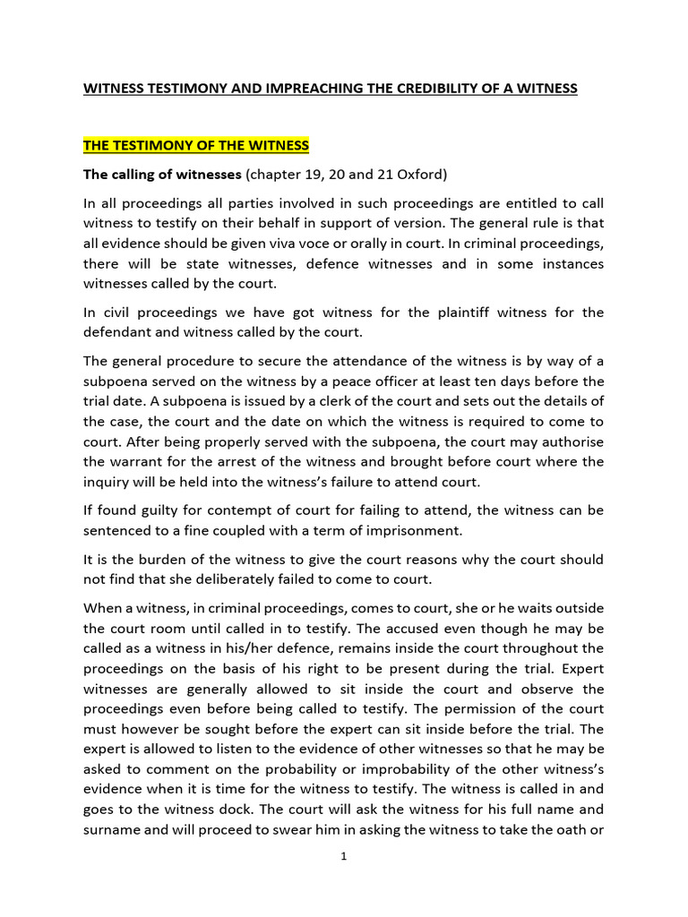 Witness Testimony and Impeaching The Credibility of A Witness | PDF ...