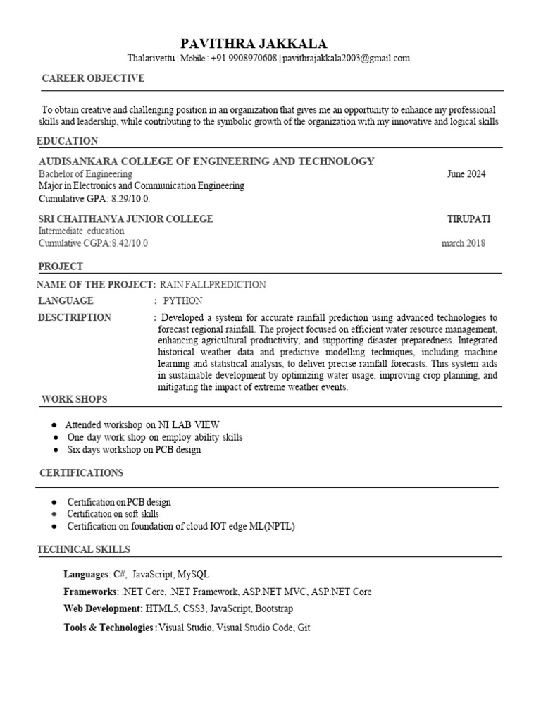 Jakkala Pavithra Resume | PDF | Engineering | Cognition