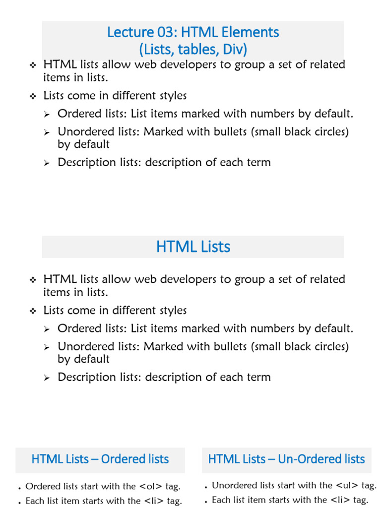 Lecture 03 - HTML Elements (Lists Tables and Div) | PDF | Html Element ... Lecture 03 - HTML Elements (Lists Tables and Div) | PDF | Html Element ...