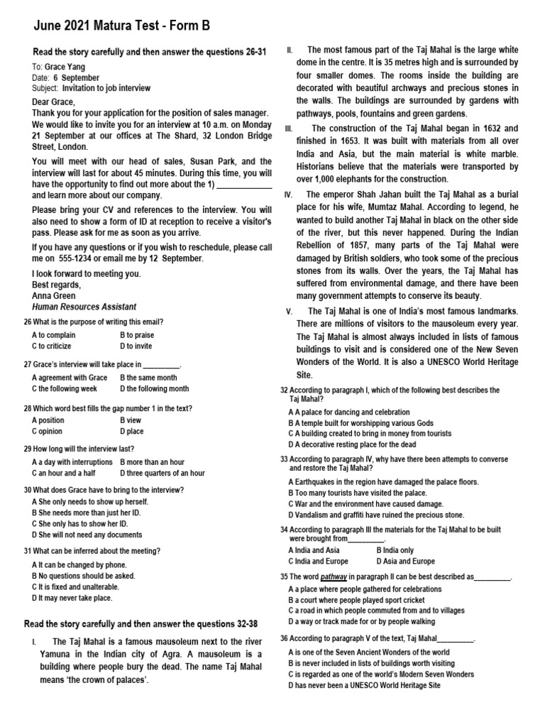 JUNE 2021 Matura Test - Form B | PDF