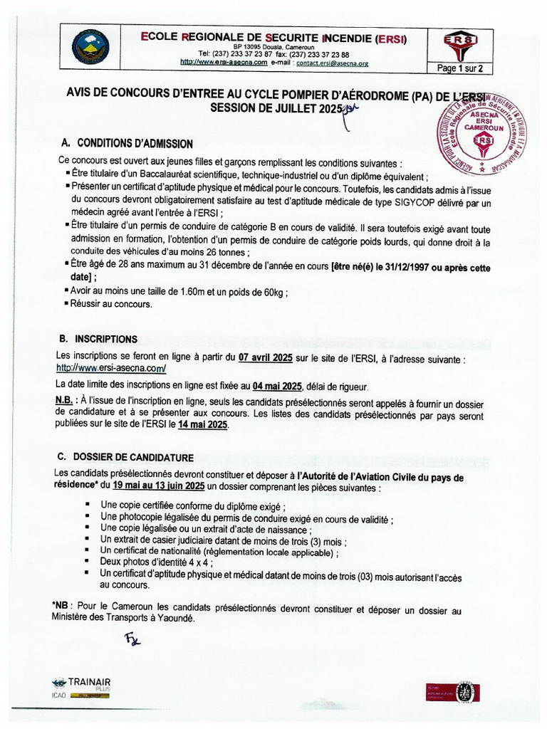 Avis de Concours D'entree Au Cycle Pompier D'aerodrome (Pa) de L'ersi, Sesion de | PDF