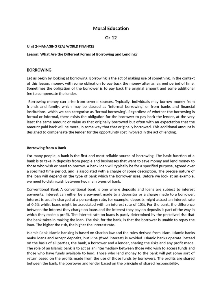What Are The Different Forms of Borrowing and Lending | PDF | Loans ...