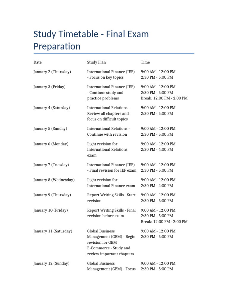 Study Timetable Final Exam Preparation | PDF