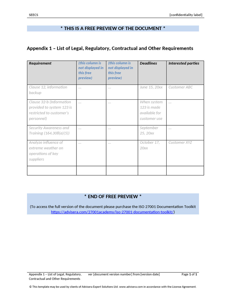 Appendix 1 - List of Legal, Regulatory, Contractual and Other Requirements 27001 EN | PDF