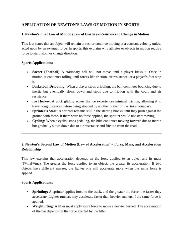 Application of Newton Law in Sports | PDF | Force | Inertia