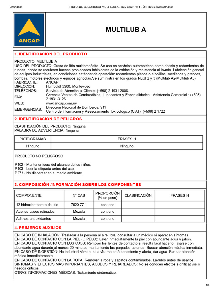 ficha-de-seguridad-multilub-a---revision-nro_-1---ult.-revision-26_08_2020 | PDF | Agua | Combustión