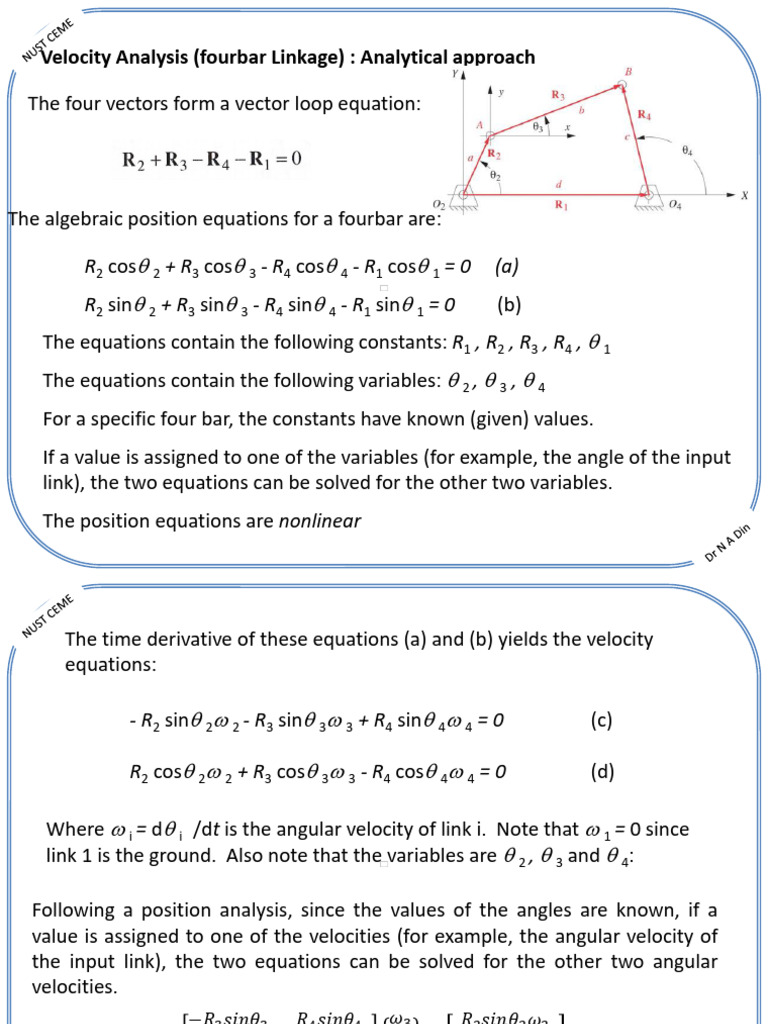 Velocity Analysis (Fourbar Linkage) - Analytical Approach | PDF | Equations | Velocity