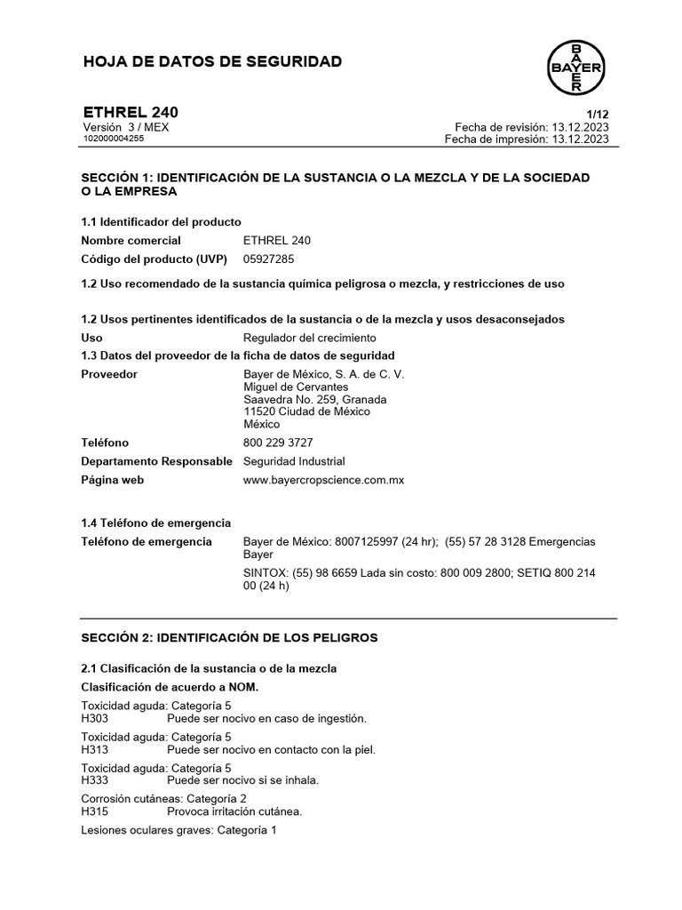 ETHREL Hoja de Seguridad 2024 1 | PDF | Toxicología | Toxicidad
