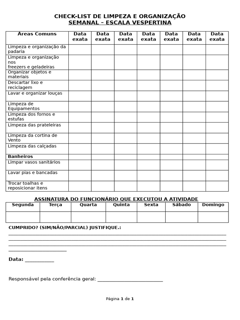 Checklist de Limpeza Hospitalar Semanal | PDF