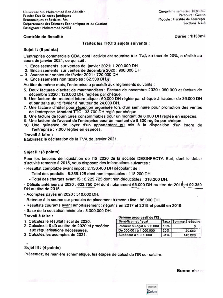 Examen Fiscalité 20202021 Avec Corrigé | PDF