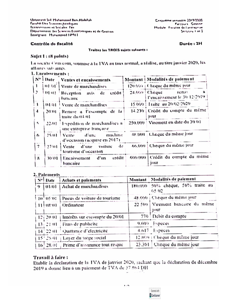 Examen Fiscalité 20192020 Avec Corrigé | PDF