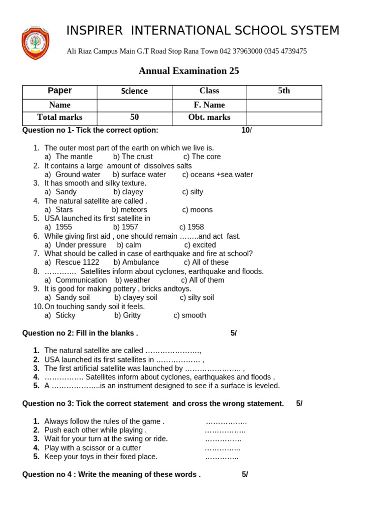 Final Tem Paper Sci Class 5th | PDF | Satellite | Earth