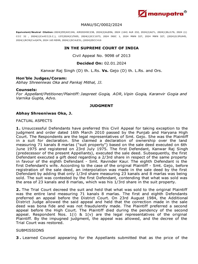 Kanwar Raj Singh D TH LRs Vs Gejo D TH LRs and OrsSC20240301241716312COM862200 | PDF | Lawsuit ...