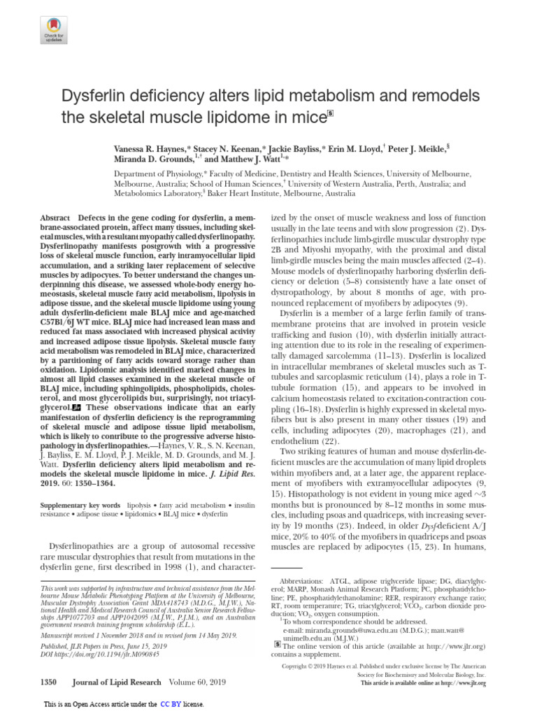 Dysferlin Definciency Alters Lipid Metabolism and Remodels The Skeletal ...