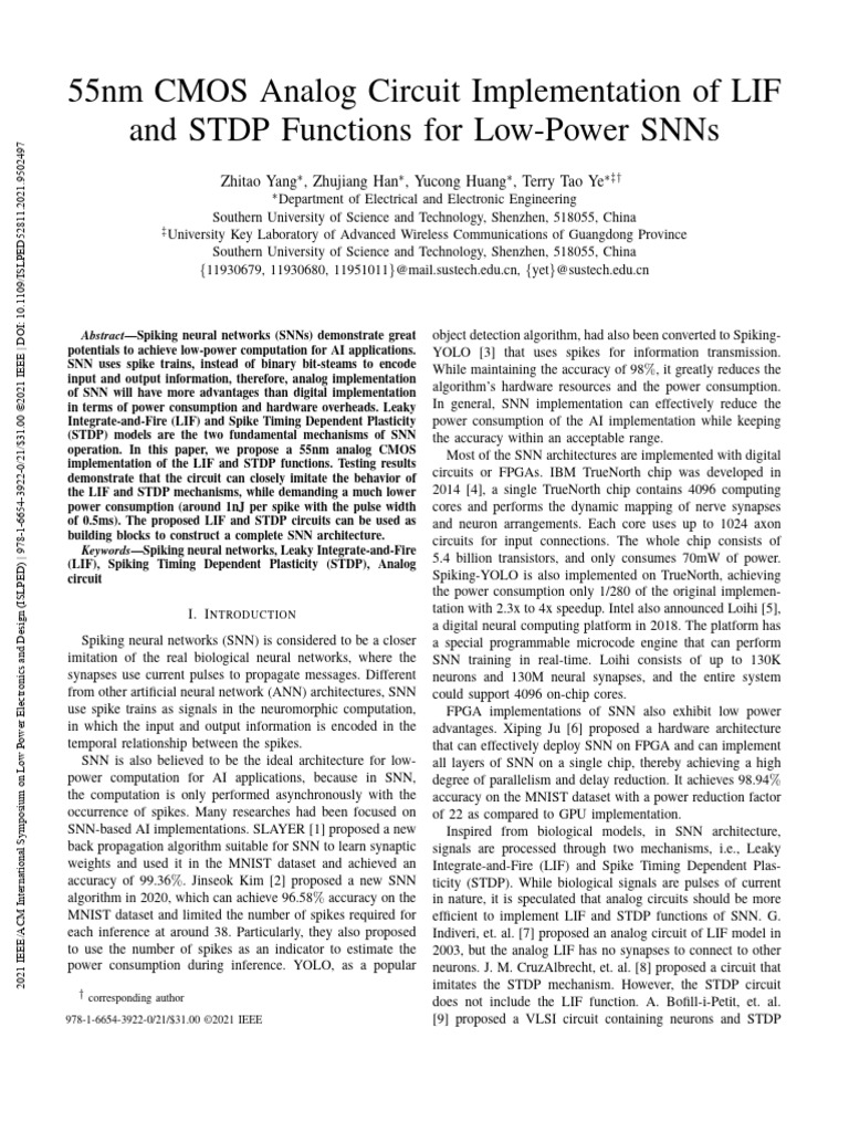 55nm CMOS Analog Circuit Implementation of LIF and STDP Functions for Low-Power SNNs | PDF ...
