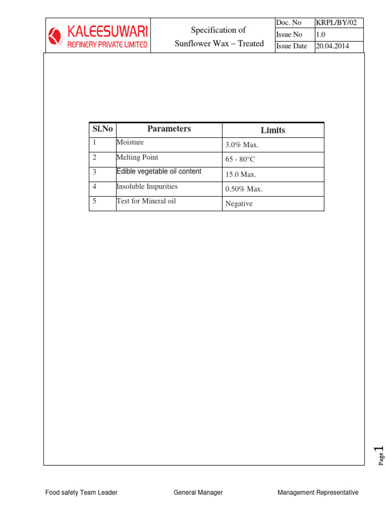 Sunflower Wax Specification Document | PDF