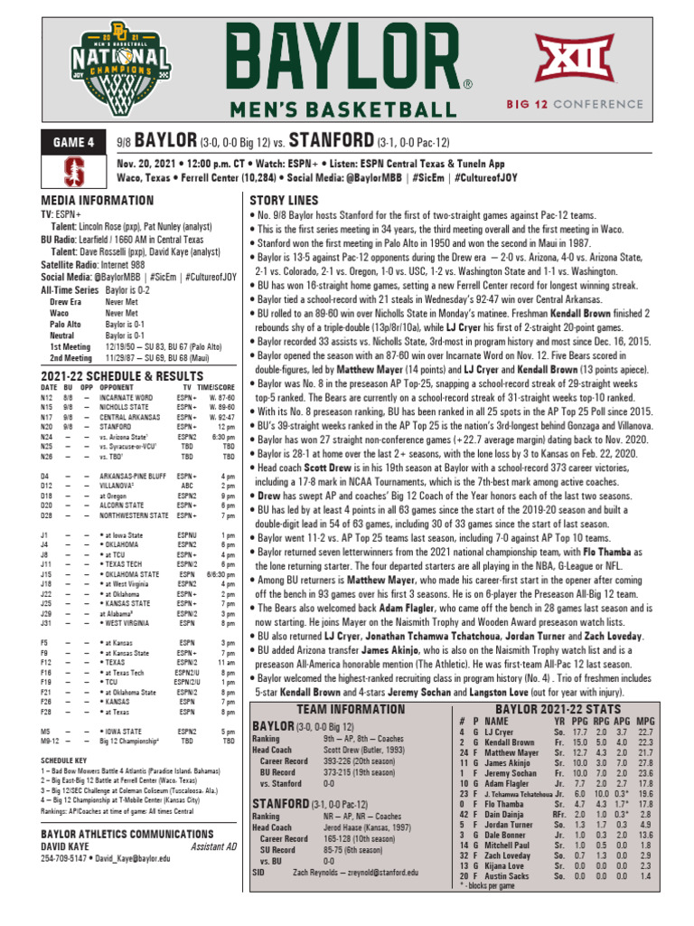 Baylor vs. Stanford Basketball Preview | PDF | Big 12 Conference Teams ...
