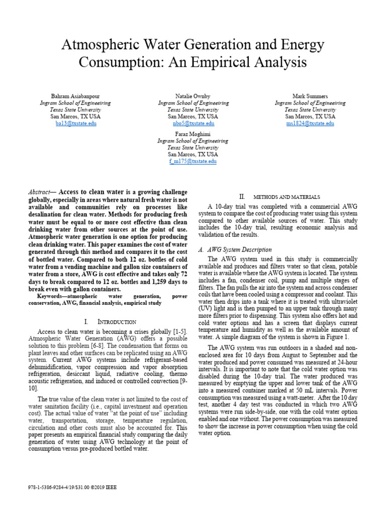Atmospheric Water Generation and Energy Consumption An Empirical ...