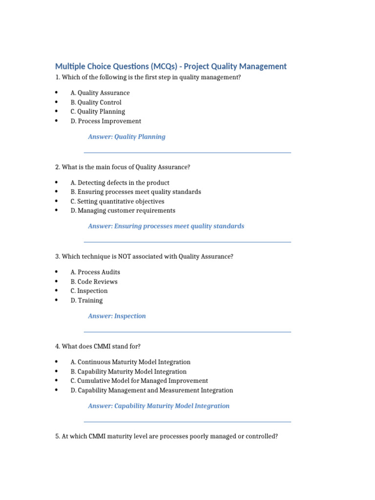 Project Quality Management MCQs Expanded | PDF | Quality Assurance ...