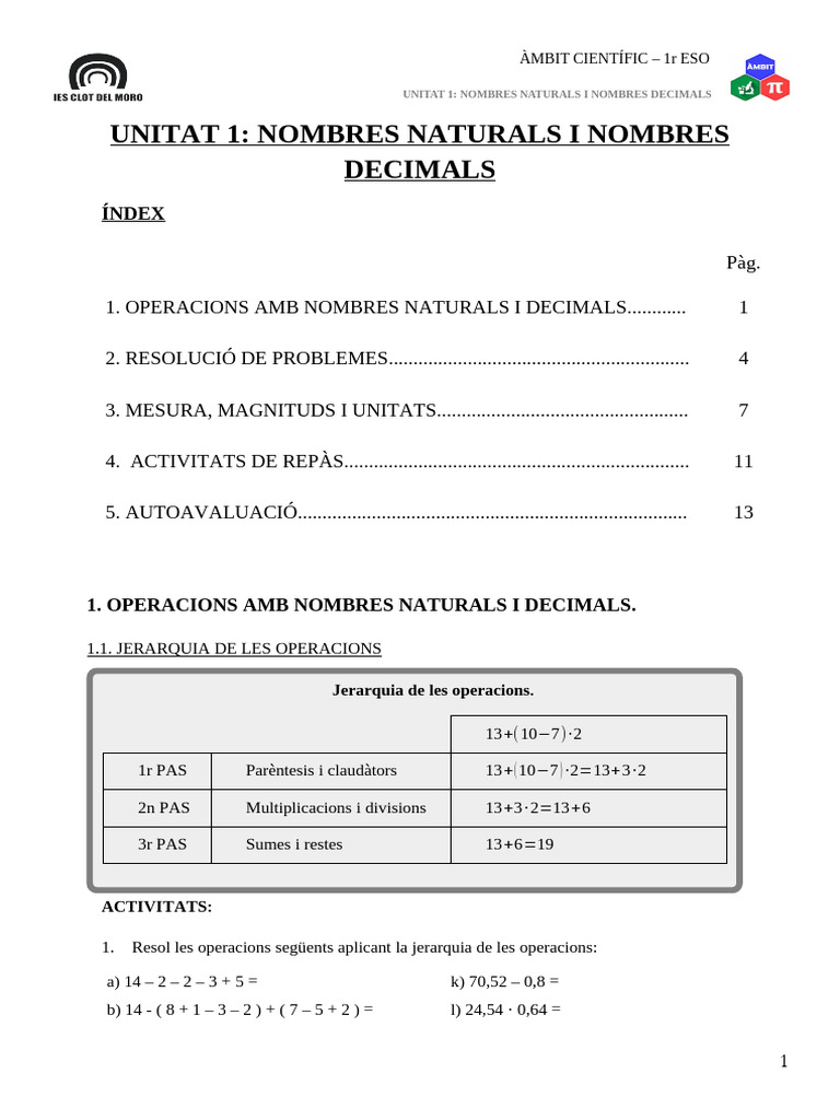 1eso - Acm - 01 - Naturals I Decimals | PDF