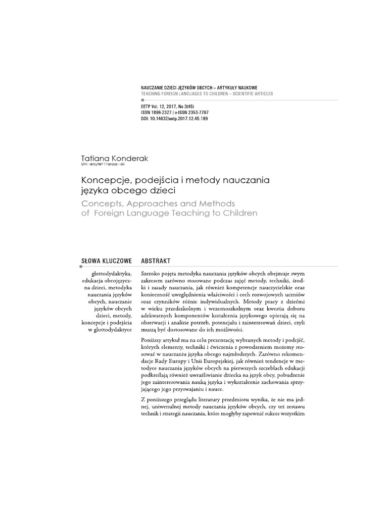 Nauczanie Jezyka Obcego Dzieci - Koncepcje, Podejscie, Metody | PDF