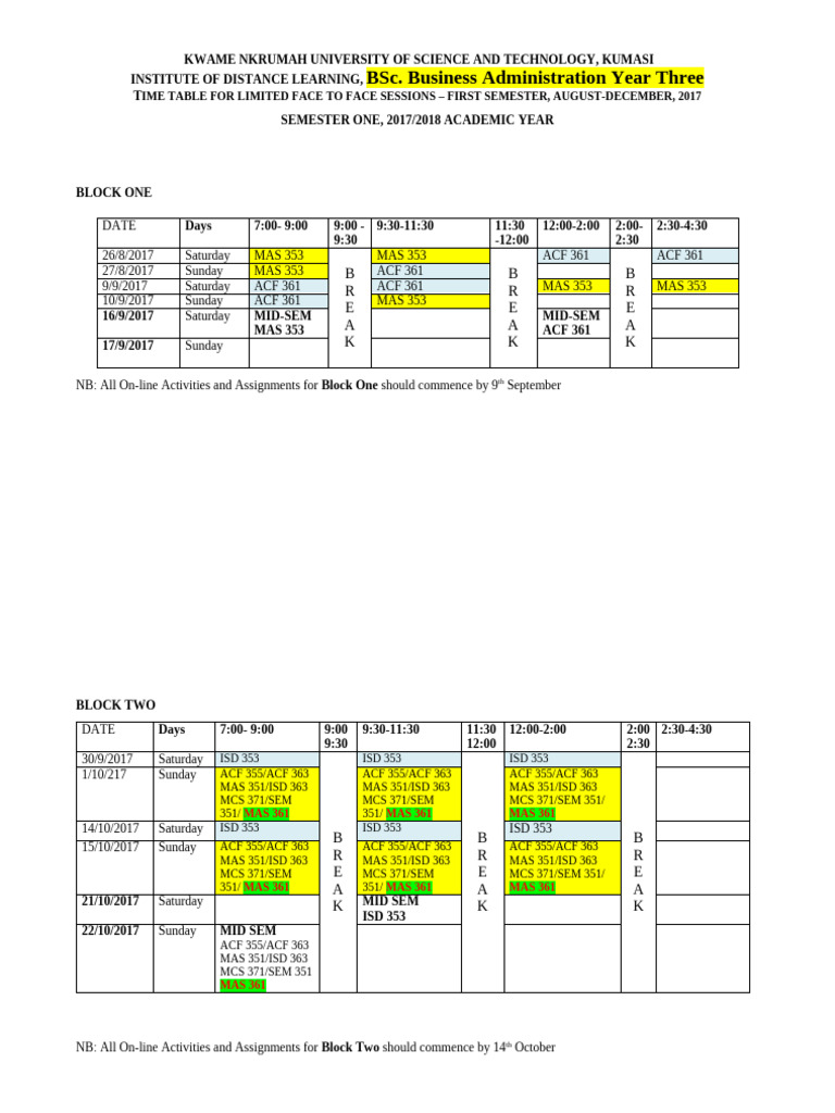 2017/18 BSc Business Admin Timetable | PDF | Business Process | Service Industries