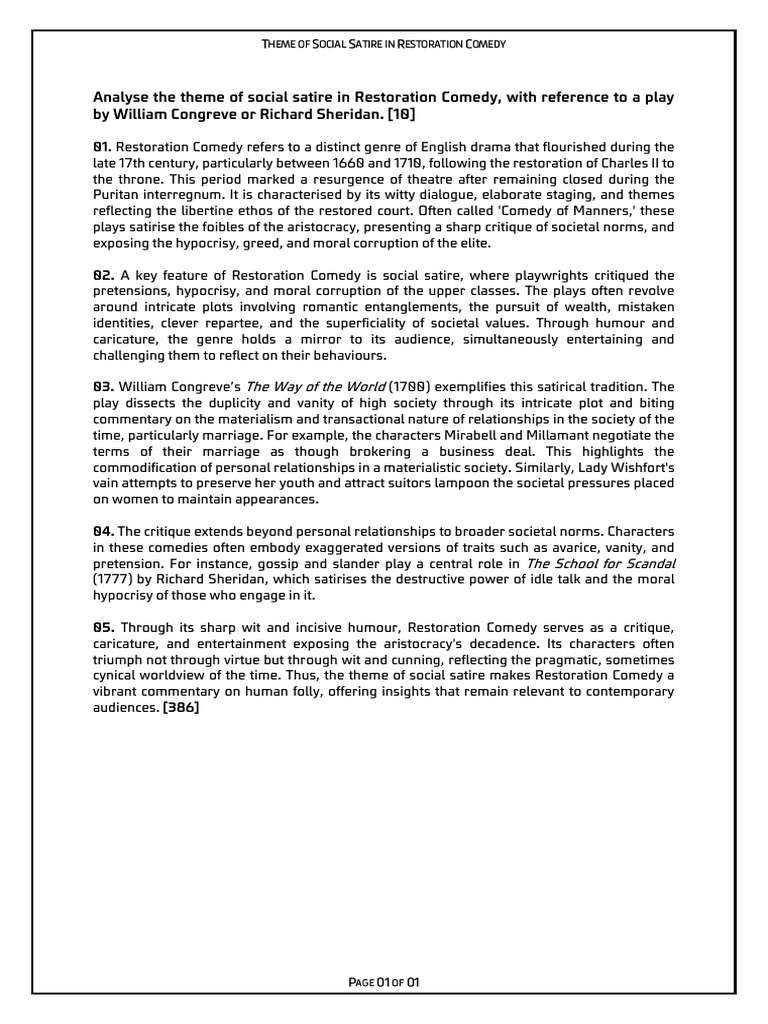 Restoration Comedy of Manners | PDF | Satire | Restoration Comedy