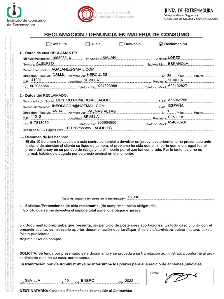 HOJA DE RECLAMACIONES EJERCICIO 7 | PDF