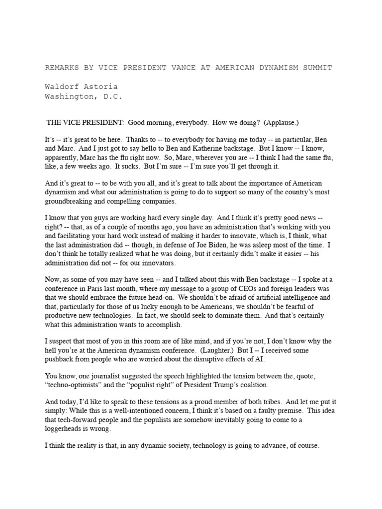 VP JD Vance at American Dynamism Summit March 2025 | PDF | Labour ...