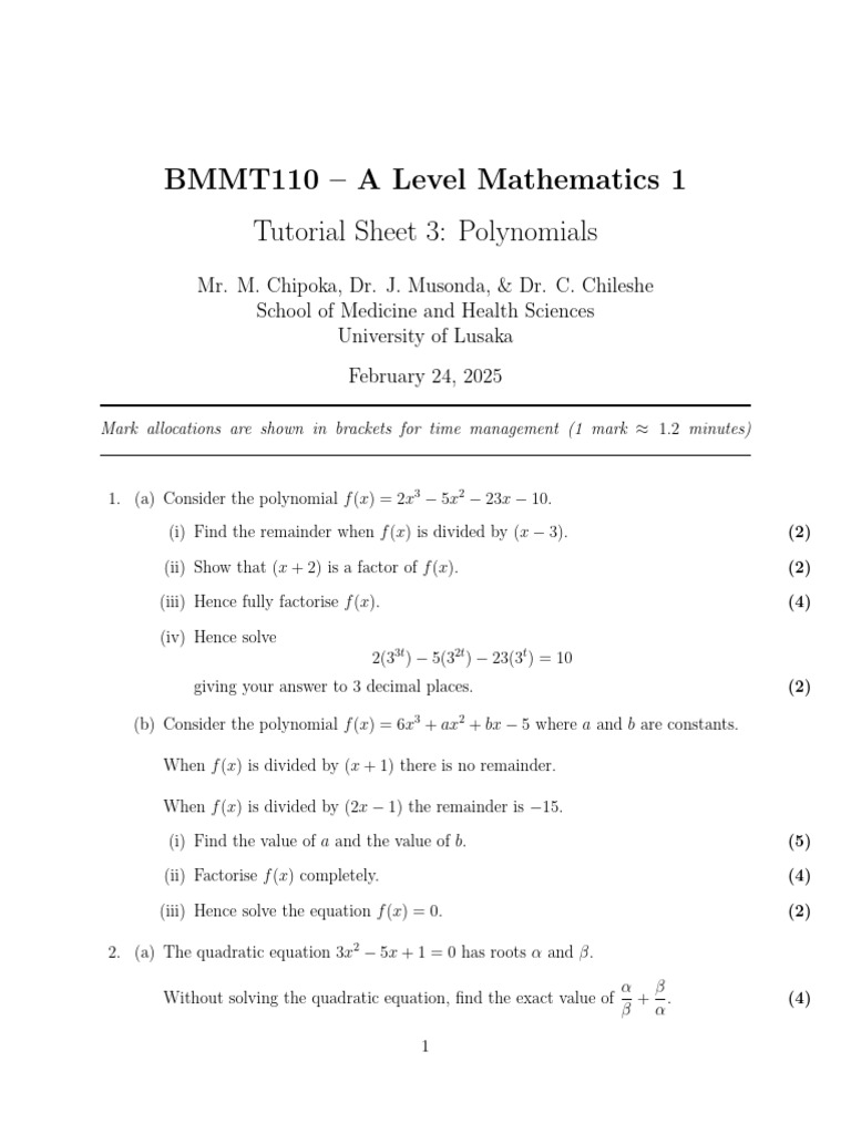 BMMT110_Tutorial_Sheet_3_S1_2025 | PDF | Factorization | Abstract Algebra