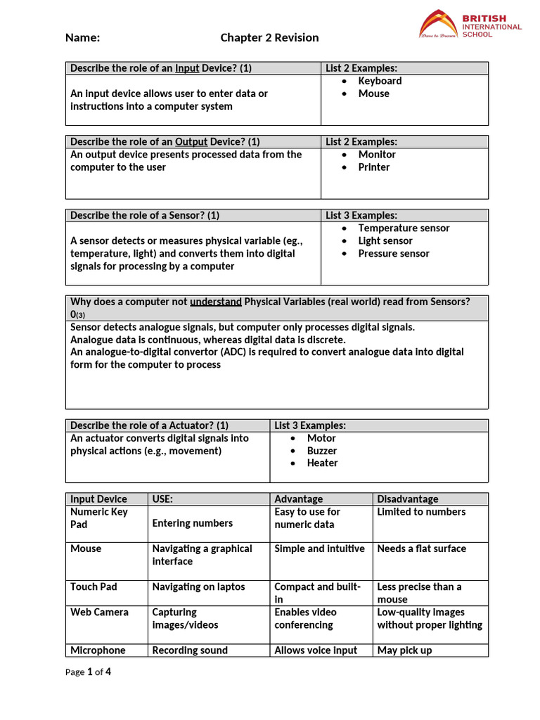 Ch2 Input-Output Devices Revision Mark Scheme | PDF | Printer (Computing) | Sensor