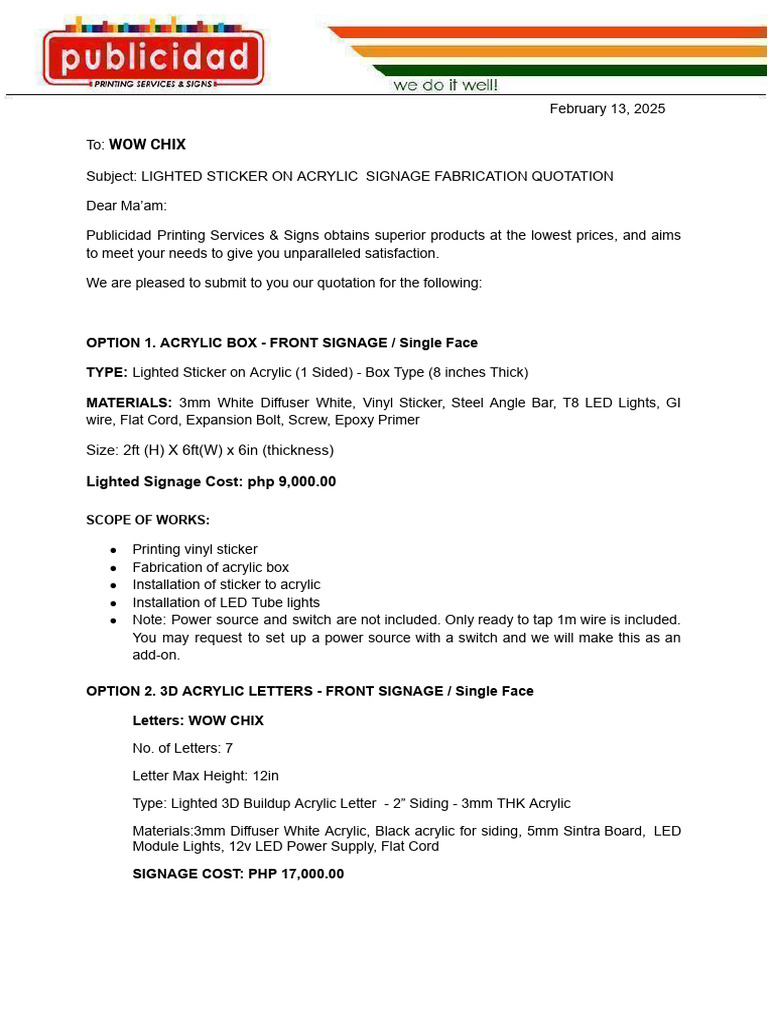 Wowchix LIGHTED SIGNAGE QUOTATION | PDF