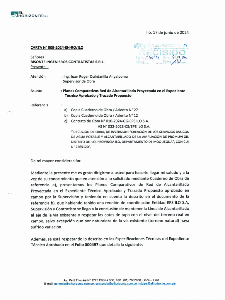 Carta #009-2024-EH-RO-ILO - Planos Comparativos Cambio | PDF
