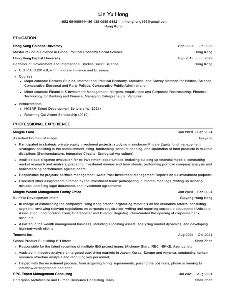Lin Yu Hong - CV (Chinese & English) 2 | PDF | Mergers And Acquisitions ...