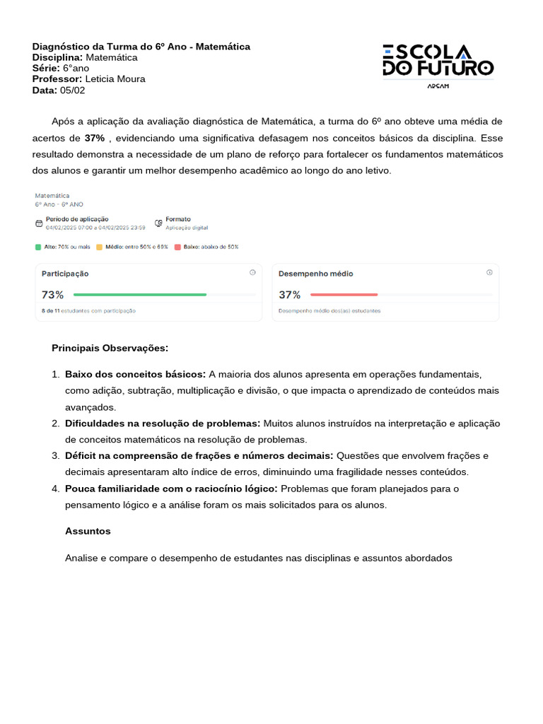 Relatorio Da Turma 6°ano | PDF
