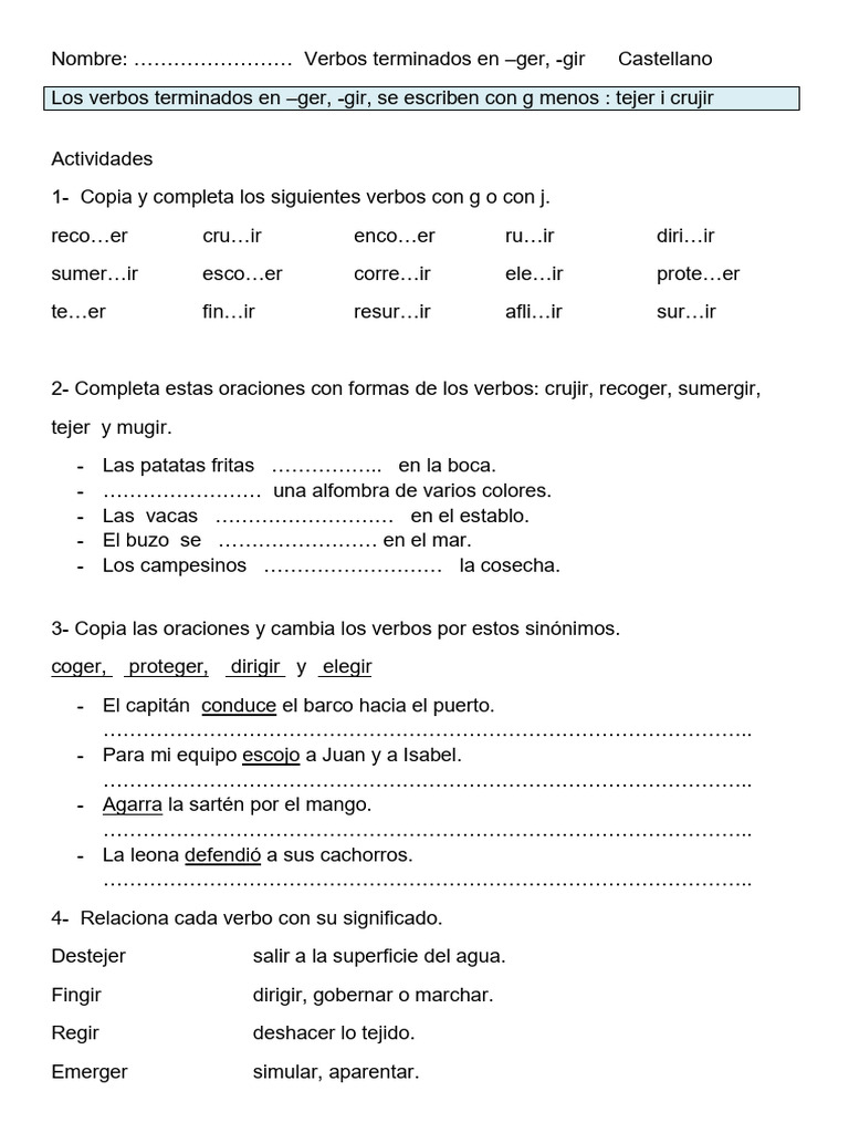 Verbos Terminados en - Ger, - Gir Castellano | PDF