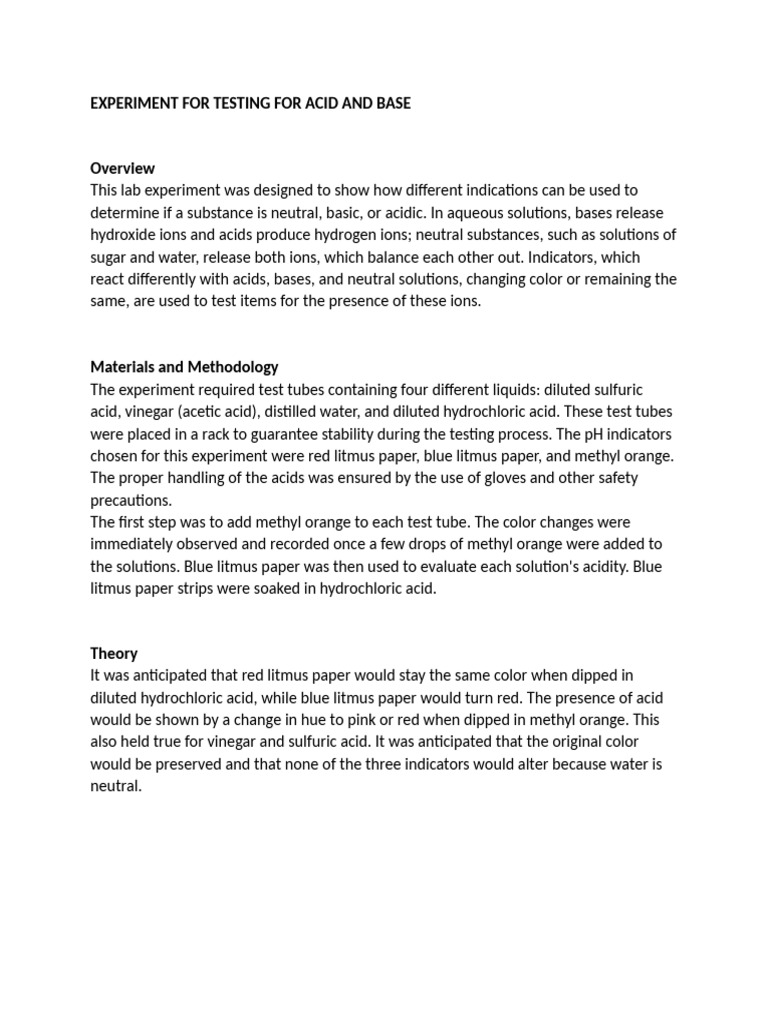 Experiment For Testing For Acid and Base | PDF | Acid | Ph