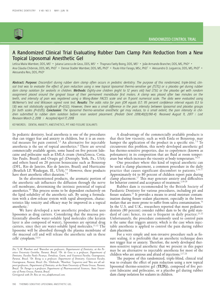 A Randomized Clinical Trial Evaluating Rubber Dam Clamp Pain Reduction ...