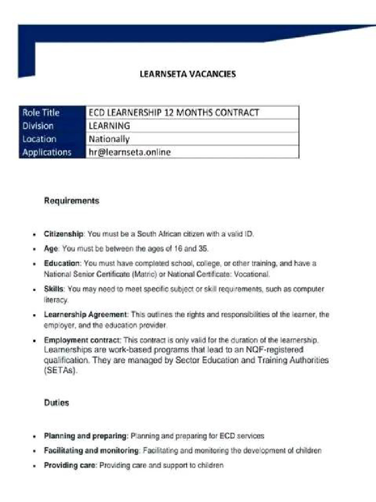 Learnseta Ecd Learnership Advert | PDF