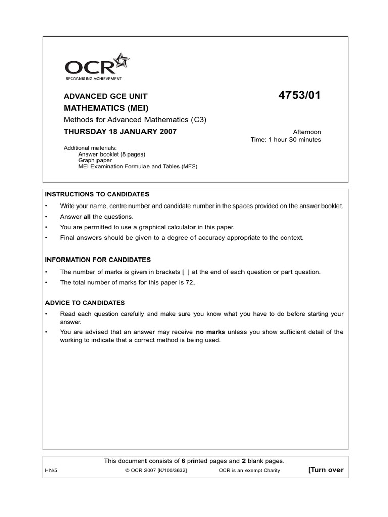 January 2007 QP - C3 OCR MEI | PDF | Mathematics | Mathematical Analysis