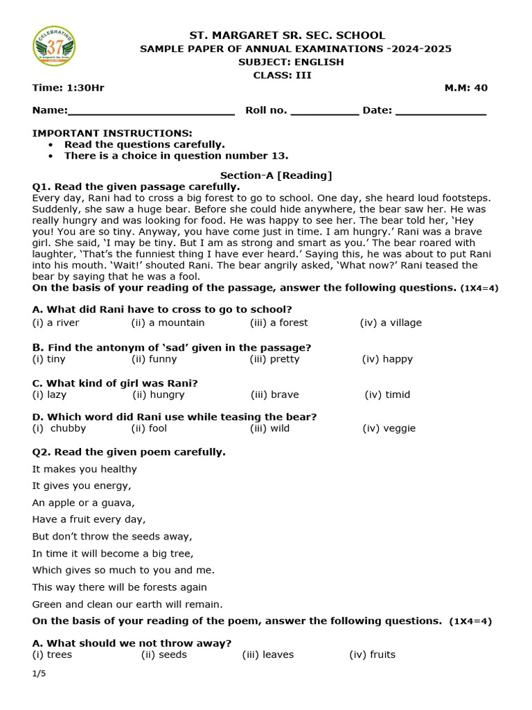 Class 3 English Sample Paper 2024-25 | PDF