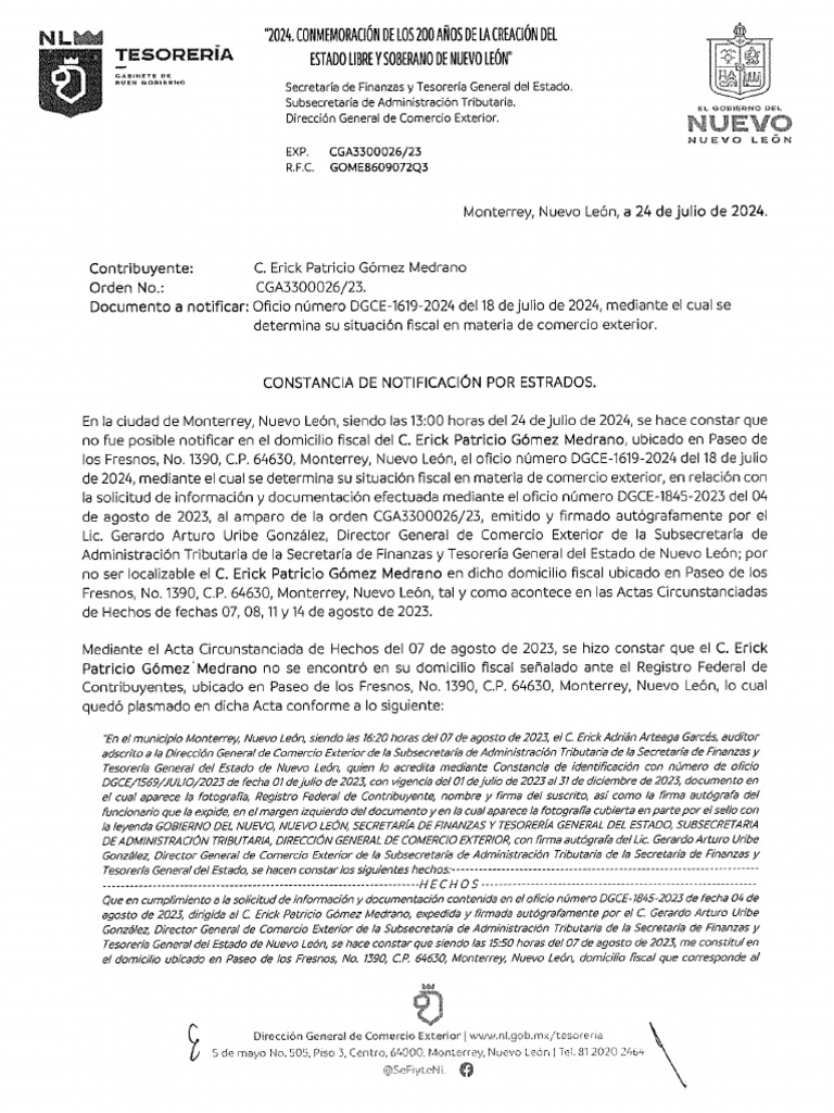 Constancia de Notificacion de Estrados Oficio Dgce-1619-2024 | PDF