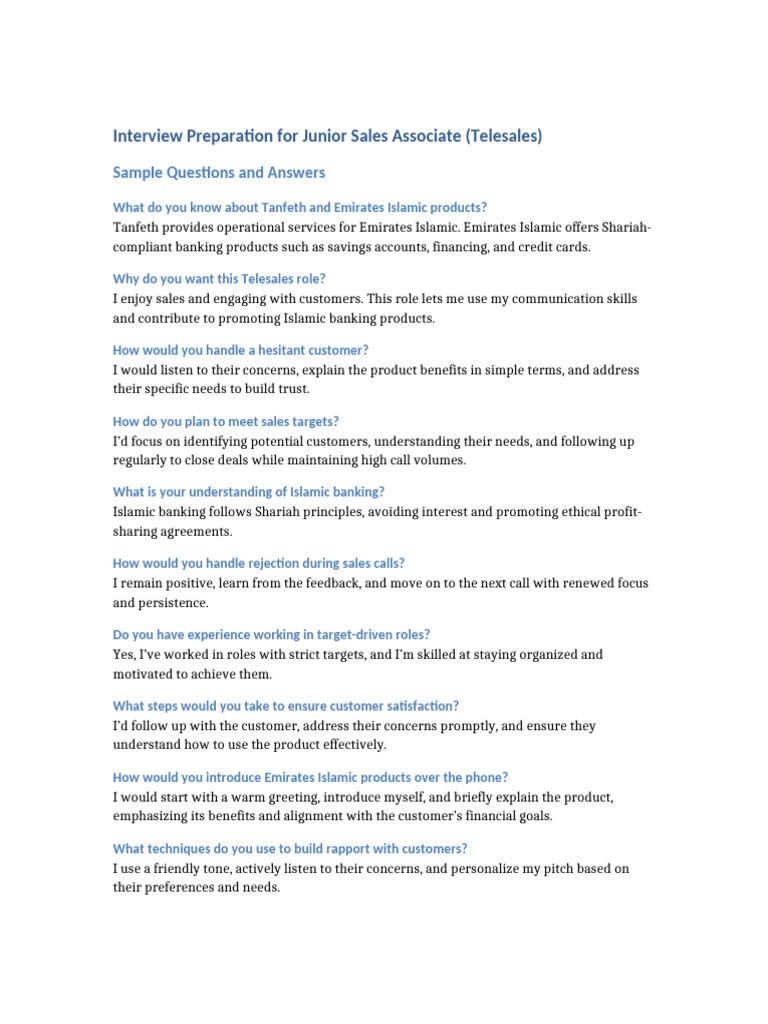 Interview Preparation Document v2 | PDF | Islamic Banking And Finance | Sales