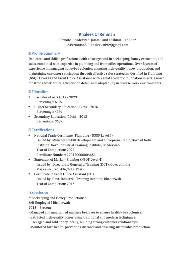 Khaleek_Ul_Rehman_Resume | PDF | Beehive | Beekeeping