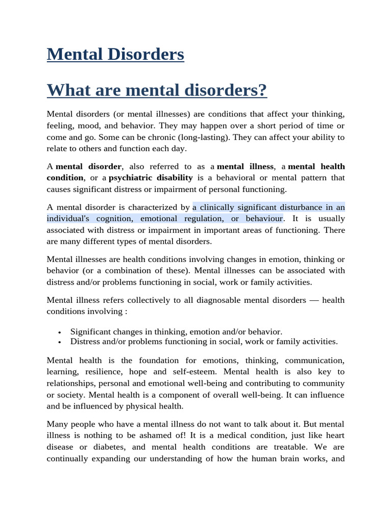 Understanding Mental Disorders Overview | PDF | Mental Disorder | Major ...
