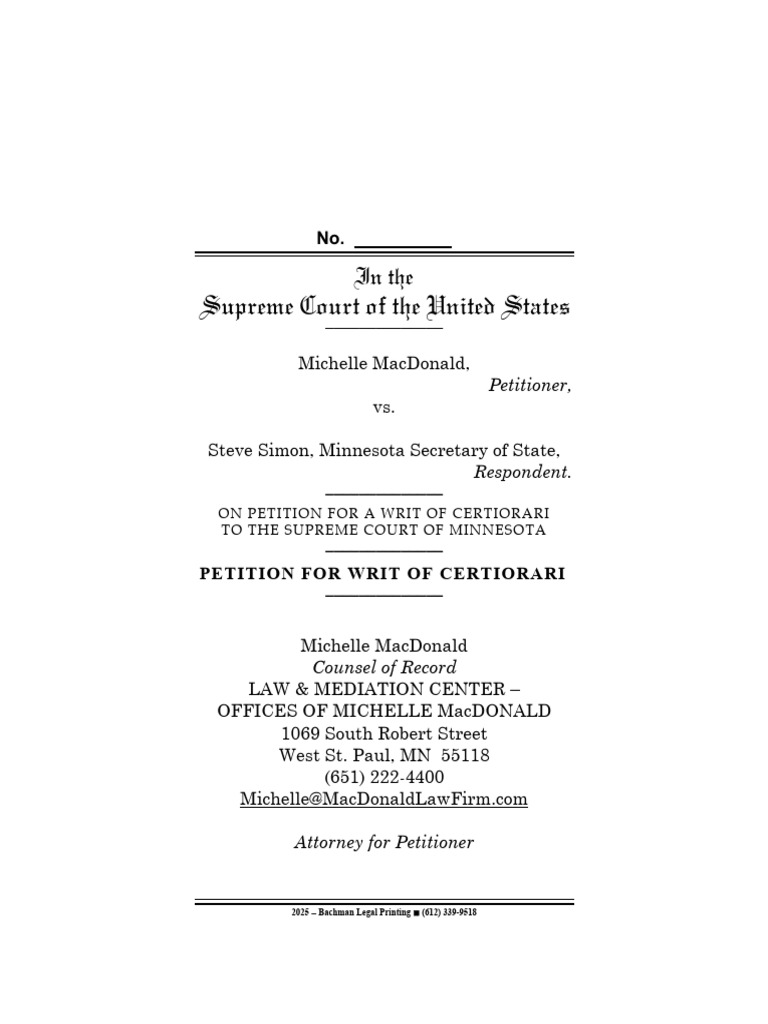Michelle MacDonald Writ To US Supreme Court 2025 | PDF | Supreme Court ...