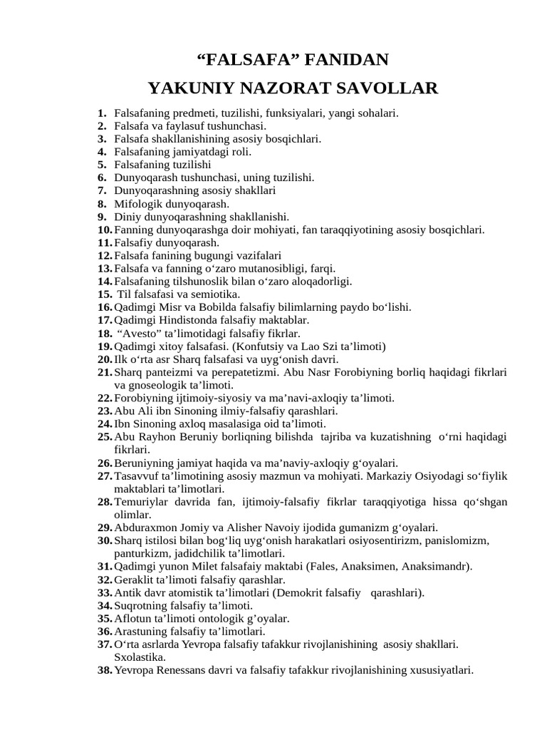 153 Ta FALSAFA Yakuniy Nazorat Savollar | PDF